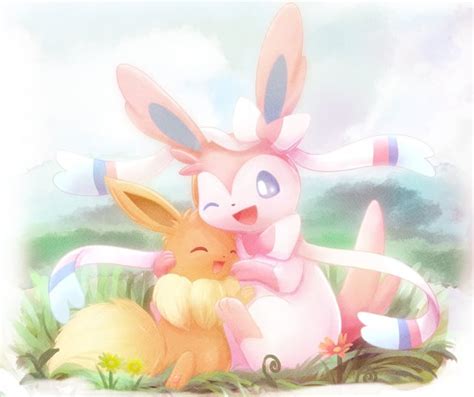 Eevee And Sylveon Hug By Pemyu Reevee