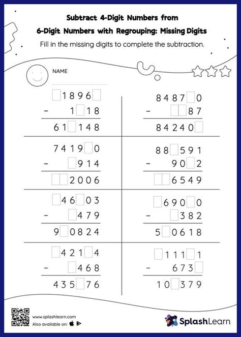 Subtract 4 Digit Numbers From 6 Digit Numbers With Regrouping Missing
