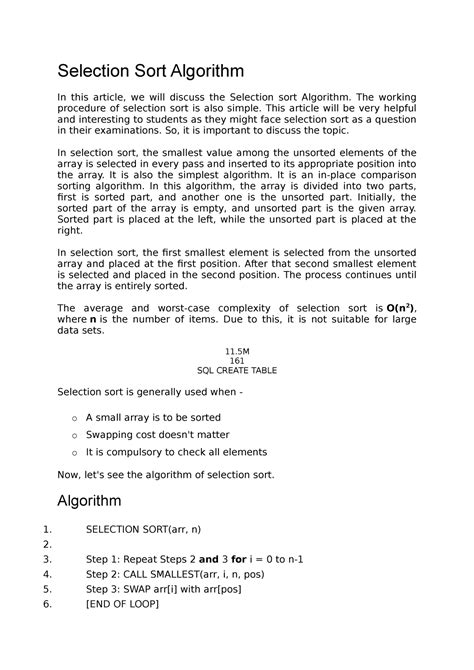 Selection Sort Algorithm The Working Procedure Of Selection Sort Is Also Simple This Article