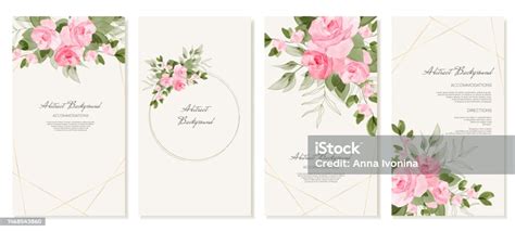 금색 선이 있는 수채화 분홍색 장미가 있는 소셜 미디어 게시물을 위한 우아한 수직 템플릿입니다 벡터 Rsvp에 대한 스톡 벡터 아트 및 기타 이미지 Istock