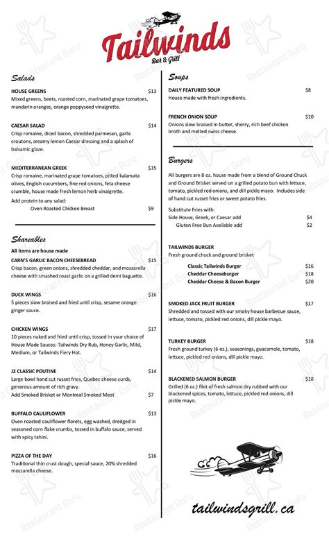 Menu At Tailwinds Bar And Grill Canada