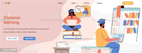 거리 학습 웹 개념 온라인 코스 E러닝 현장에서 공부하는 학생 플랫 라인 문자 디자인 배너 템플릿 소셜 미디어 홍보 자료에 대한 벡터 일러스트레이션 학습에 대한 스톡 벡터