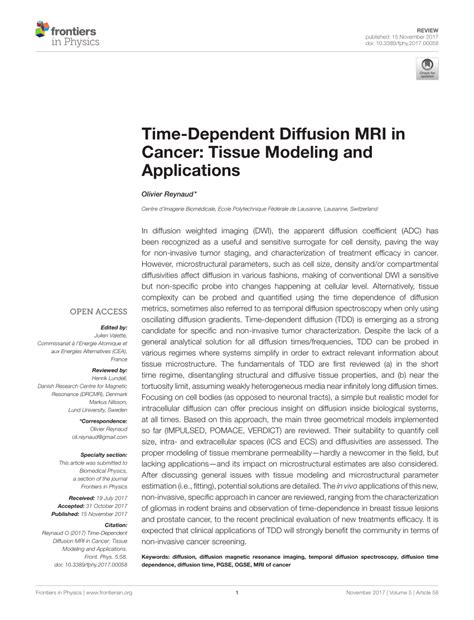 Pdf Time Dependent Diffusion Mri In Cancer Tissue Modeling And