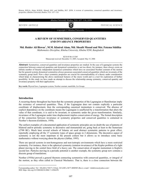 Pdf A Review Of Symmetries Conserved Quantities And Invariance Properties