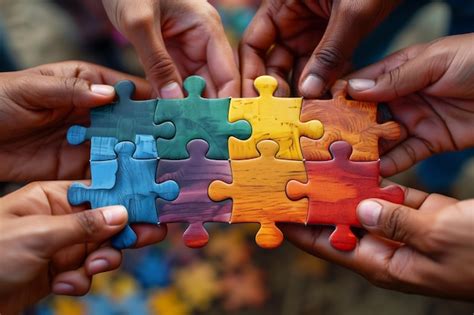 Premium Photo Diverse Hands Collaborating To Assemble Puzzle Pieces Symbolizing Teamwork And