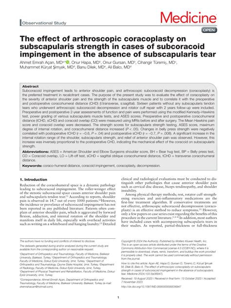 Pdf The Effect Of Arthroscopic Coracoplasty On Subscapularis Strength