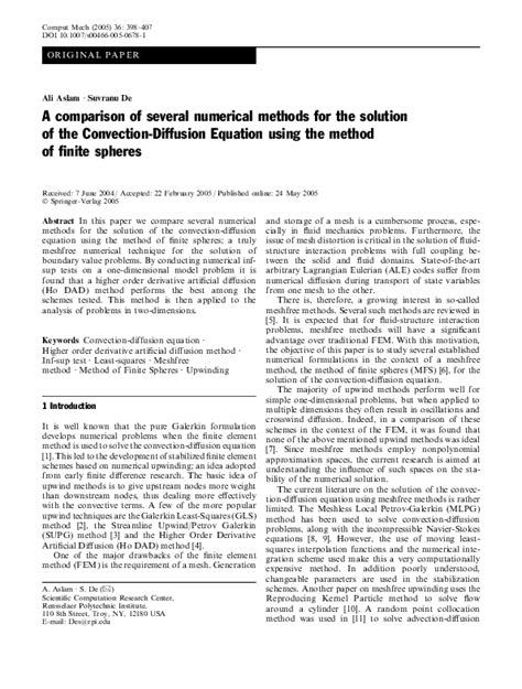 Pdf A Comparison Of Several Numerical Methods For The Solution Of The Convection Diffusion