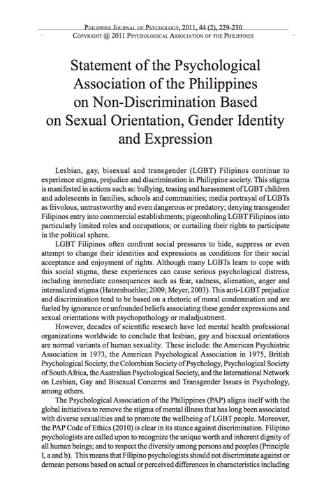 Statement Of The Psychological Association Of The Philippines On Non Discrimination Based On
