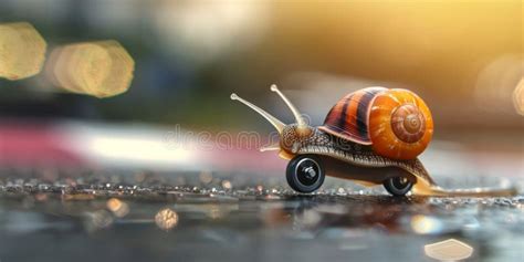 A Snail Racing On A Miniature Motorbike Leaving A Shimmering Trail On A