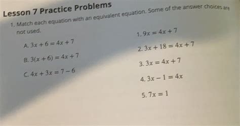 solved lesson 7 practice problems 1 match each equation with an
