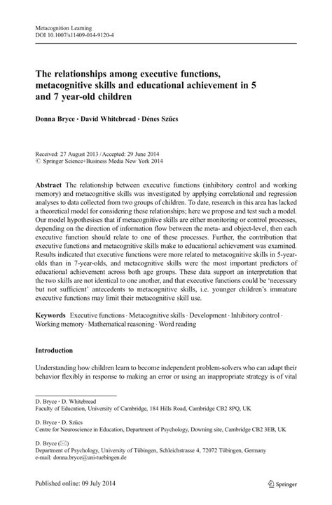 pdf the relationships among executive functions metacognitive skills