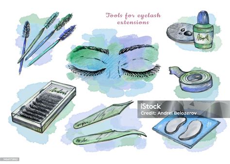수채화 속눈썹 확장 도구 요소를 흰색 배경에 낙서 스타일로 설정합니다 상자 브러시 접착제 패치 테이프 크리스탈 핀셋 및 여자