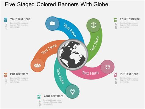 As Five Staged Colored Banners With Globe Flat Powerpoint Design PPT Images Gallery
