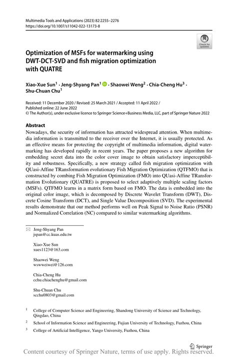 Optimization Of Msfs For Watermarking Using Dwt Dct Svd And Fish
