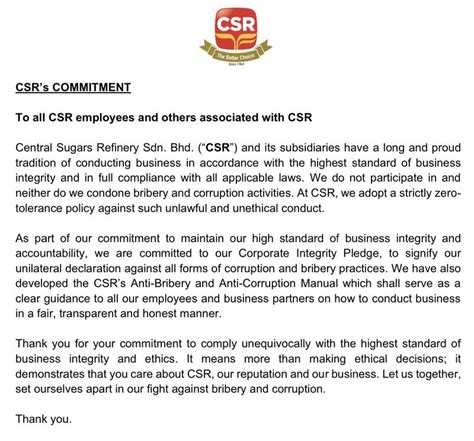 Csr Has Always Been Committed To Uphold And Maintain The Highest