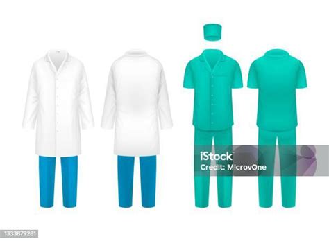 현실적인 의사 정장 간호사 의사 유니폼 고립 된 클리닉 수술 옷 사이언스 랩 코트 연구 셔츠 팬츠 벡터 세트 제복에 대한 스톡 벡터 아트 및 기타 이미지 Istock