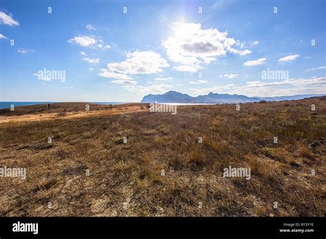 Coastal Grass And Mountainous Background Sea Bay In The Distance Stock