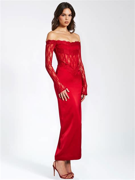 Nessa Red Lace Satin Corset Maxi Dress Miss Circle