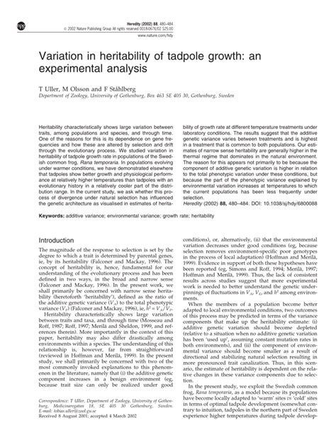 Pdf Variation In Heritability Of Tadpole Growth An Experimental Analysis