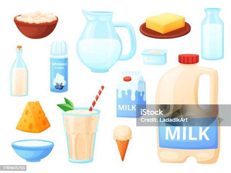유제품 만화 치즈 우유와 요구르트 와플 콘에 분리 된 크림 아이스크림 버터 접시 밀크 쉐이크의 항아리 Nowaday 벡터 세트 개체 그룹에 대한 스톡 벡터 아트 및 기타