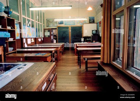Old Empty Classroom With Wooden Desks And Blackboard Stock Photo Alamy