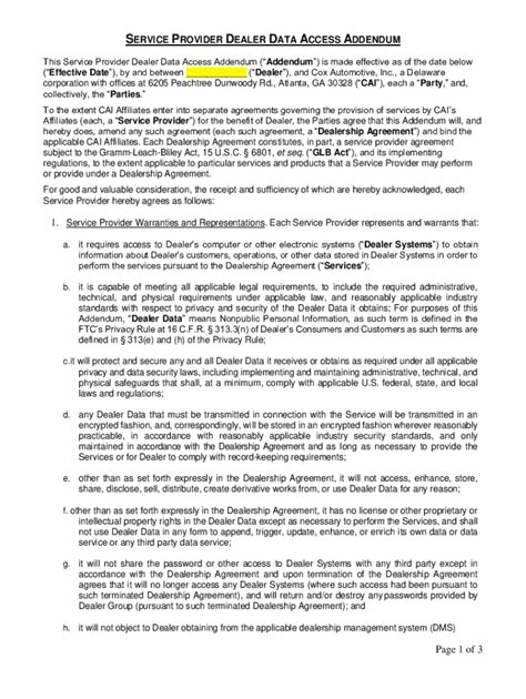 Fillable Online Service Provider Dealer Data Access Addendum Based On