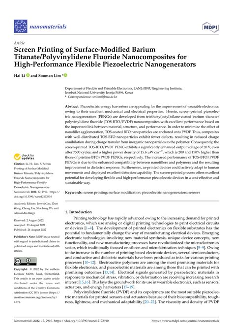 Pdf Screen Printing Of Surface Modified Barium Titanatepolyvinylidene Fluoride Nanocomposites