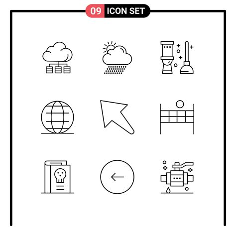 Mobile Interface Outline Set Of 9 Pictograms Of Left World Toilet Security Globe Editable Vector
