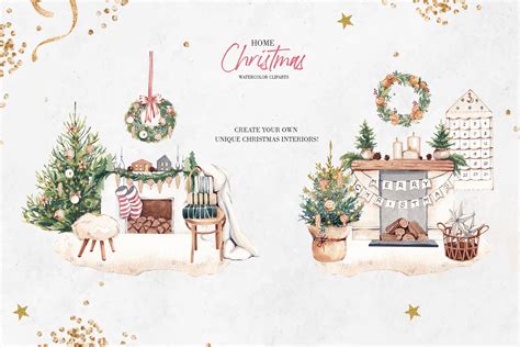Home Christmas Watercolor Set Watercolour Christmas Fireplace