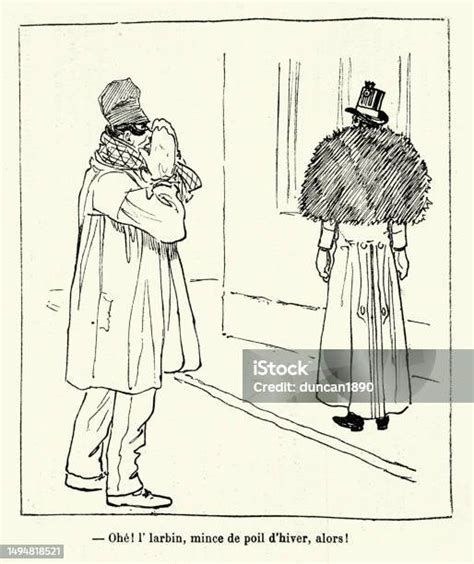 빈티지 프랑스 만화 얇은 겨울 코트를 입은 남자 Ohe Larbin Mince De Poil Dhiver Alors 1890년대 19세기에 대한 스톡 벡터 아트 및 기타