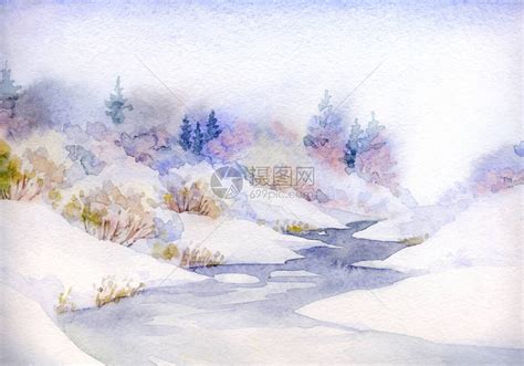 明亮的手绘水彩颜料素描艺术品在轻纸卡背景文本空间上平静的蓝色漂流灌木植物冬日场景冰冷的新年解冻溪插画图片下载 正版图片402389775 摄图网