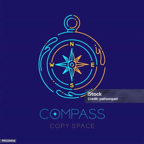 나침반과 물 스플래시 원형 프레임 모양 로고 아이콘 개요 획 설정 나침반 텍스트 및 복사 공간와 어두운 파란색 배경에 격리는