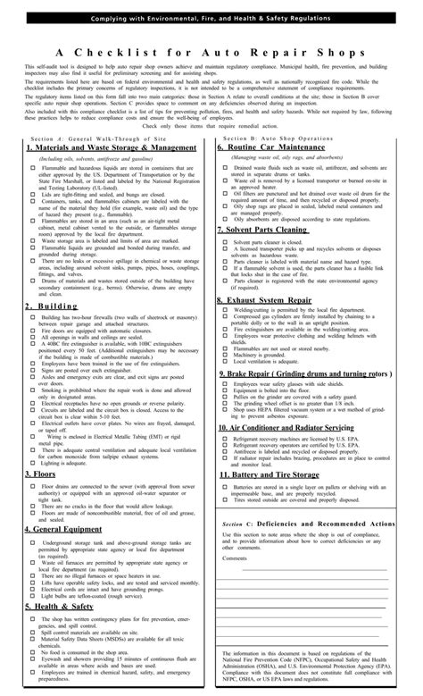 Auto Repair Checklist Template ≡ Free Printable Pdf