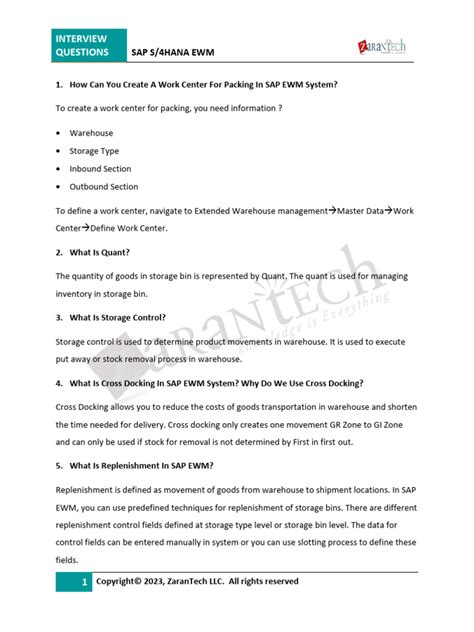 Interview Questions And Answers Set 1 Sap S4hana Ewm Pdf Warehouse Inventory