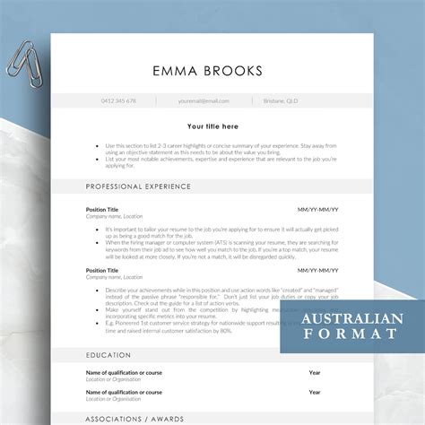 Australian Format Resume Template For MS Word And Pages With Digital Download Resume And Cover