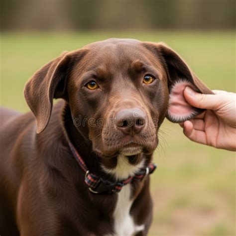 Chocolate Labrador Mix S Ear Being Gently Scratched By A Hand Stock