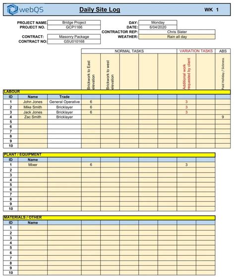 Excel Log Sheet Template