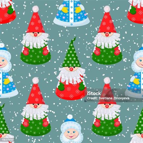 새해 눈송이와 파란색 배경에 종이 인형 산타 클로스와 눈 처녀와 크리스마스 원활한 패턴 12월에 대한 스톡 벡터 아트 및 기타 이미지 12월 겨울 계절 Istock
