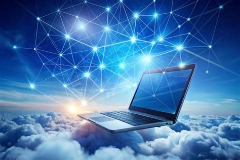 Cloud Computing Laptop Floating With Icon Network Connection On Blue