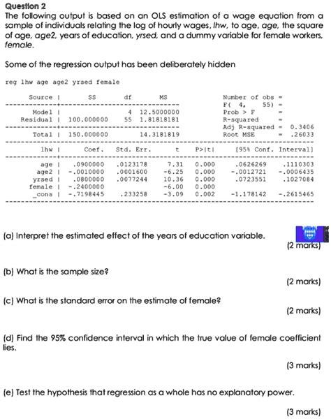 Solved Question 2 The Following Output Is Based On An Ols Estimation