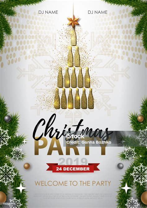 황금 샴페인 유리와 크리스마스 파티 포스터입니다 빨간색 배경에 황금 크리스마스 트리 와인에 대한 스톡 벡터 아트 및 기타 이미지 와인 크리스마스 0명 Istock
