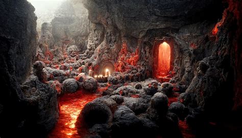 지옥의 왕좌 3d 렌더링 아트웍으로 내려가는 지하 깊은 지하 감옥으로 가는 마그마와 화산 화산 폭발로 인한 암석 뜨거운 동굴에 대한 래스터 그림 프리미엄 사진