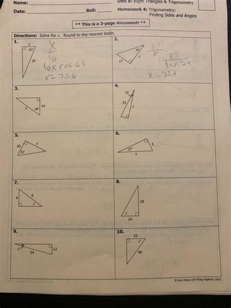 Solved Name Unit B Right Triangles Trigonometry Homework Chegg