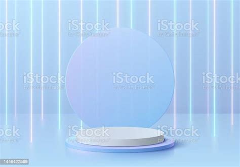 현실적인 흰색 실린더 받침대 연단 수직 네온 조명 라인 배경이 있는 추상 파란색 3d 룸 미래 지향적인 최소 벽 장면 모형 제품 디스플레이 벡터 기하학적 형태 무대 쇼케이스