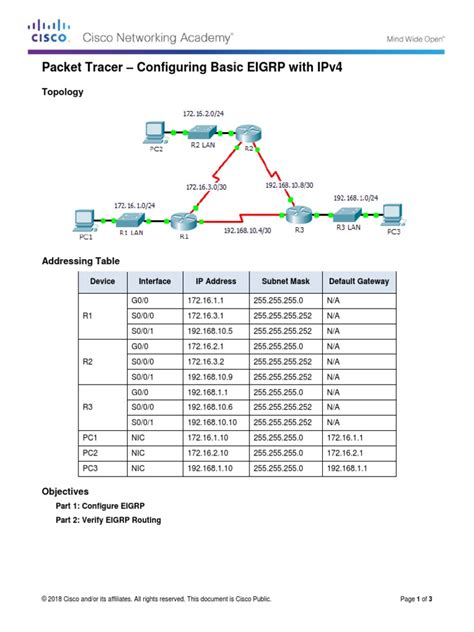6 2 2 4 Packet Tracer Configuring Basic Eigrp With Ipv4 Instructions Pdf Router Computing