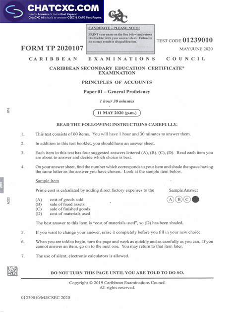 Csec Principles Of Accounts P1 2020 Pdf