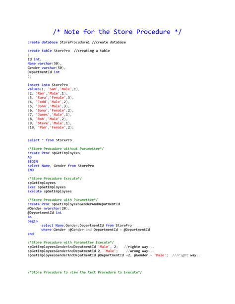 Creating Stored Procedure Note For The Store Procedure Create