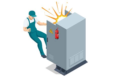 아이소메트릭 전기 배전반 변압기 배전반 전력 스위치 패널 변압기 손상 및 화재 스파크가있는 단락 등측투영법에 대한 스톡 벡터 아트 및 기타 이미지 Istock