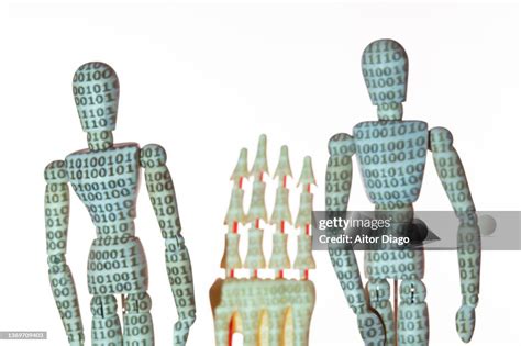 One Robotic Hand And Two Robots With Binar Code On The Surface Concept