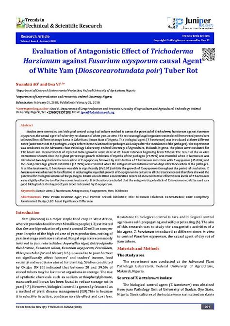 Evaluation Of Antagonistic Effect Of Trichoderma Harzianum Against Fusarium Oxysporum Causal